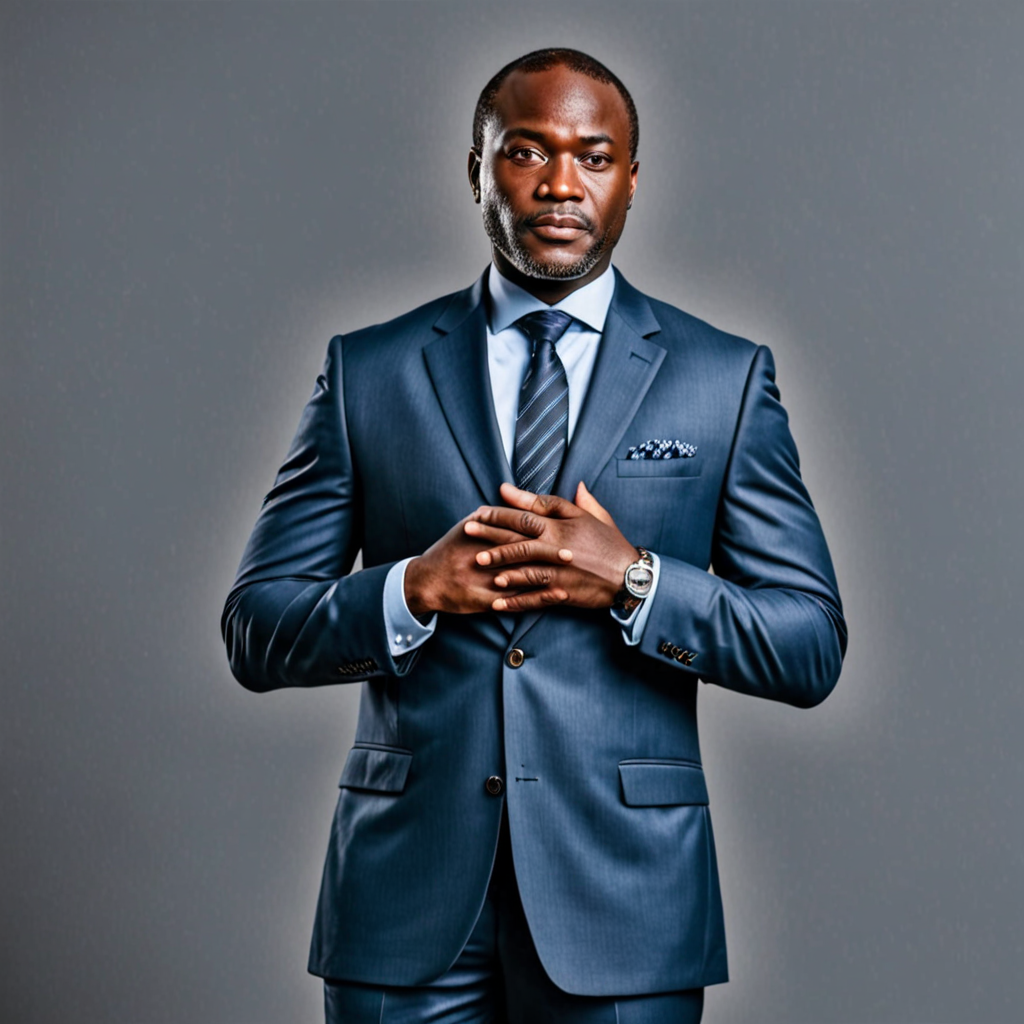 very large, big, african business man, in business suit, standing with ...