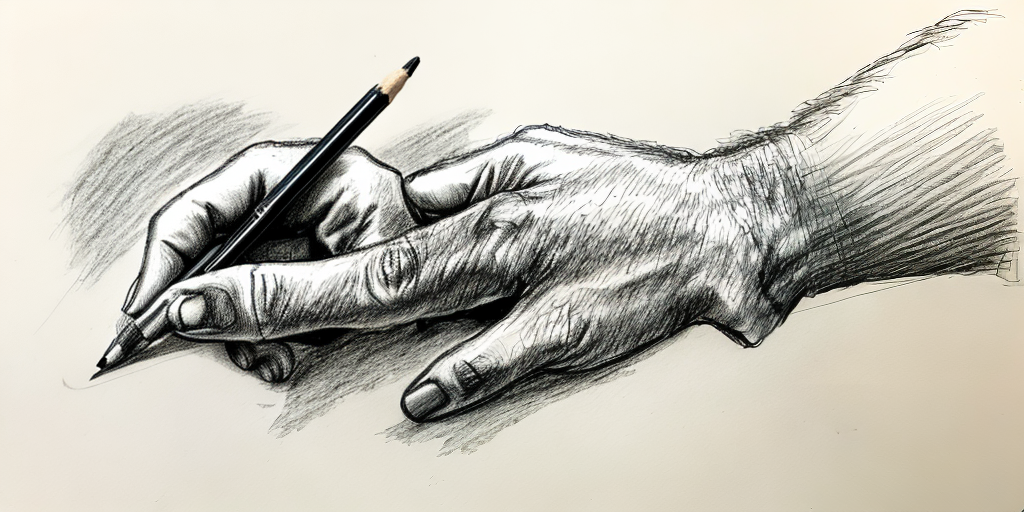 a drawing of a hand drawing itself, in pencil, on a sheet of paper.