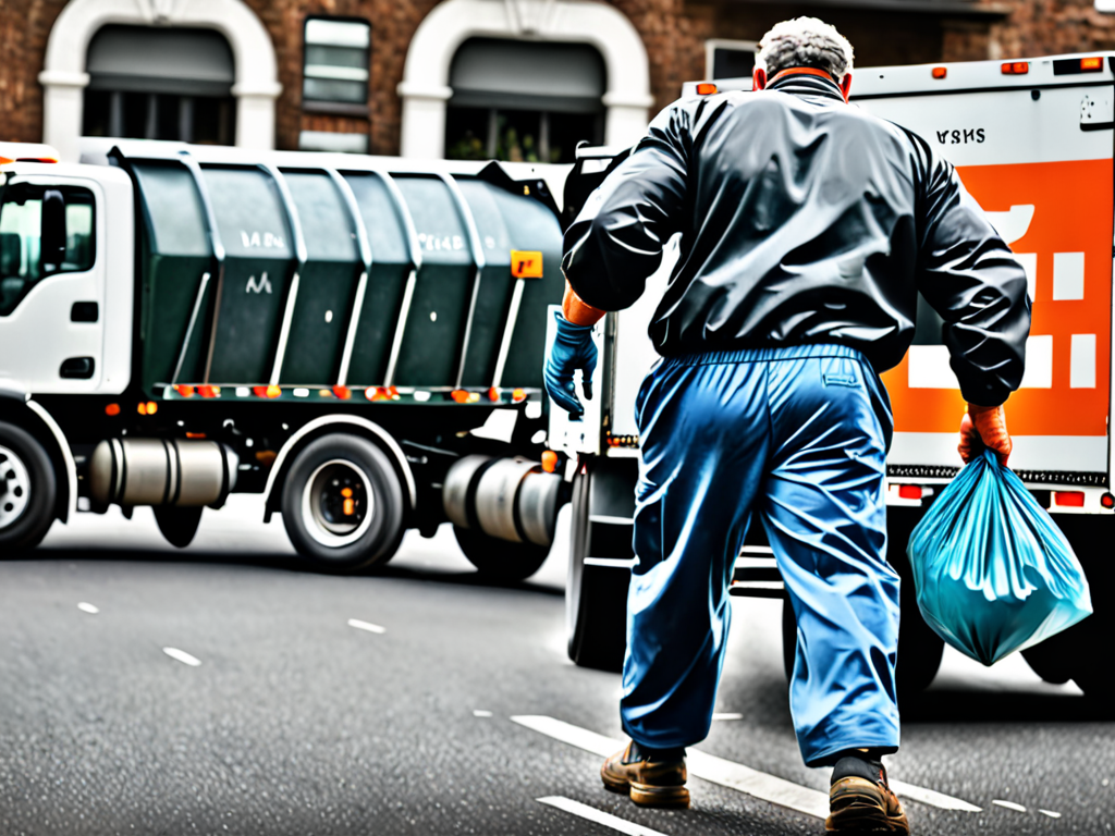 realistic handsome older muscular garbagemen from behind carrying black ...