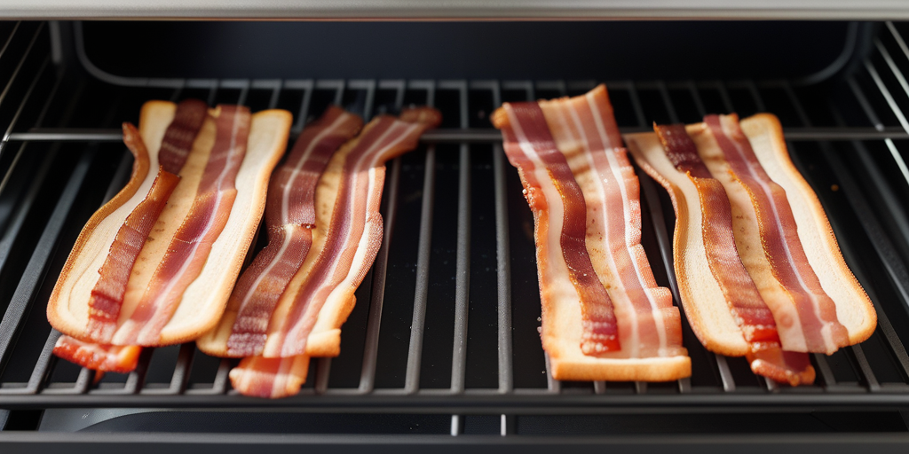 Crispy Bacon Strips Cooking on a Grill in a Kitchen Oven.