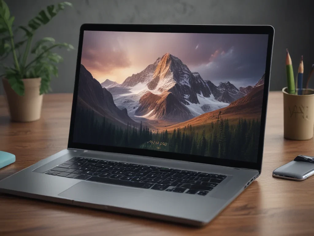 Serene Mountain Landscape Displayed on a Stylish Laptop in Cozy Workspace