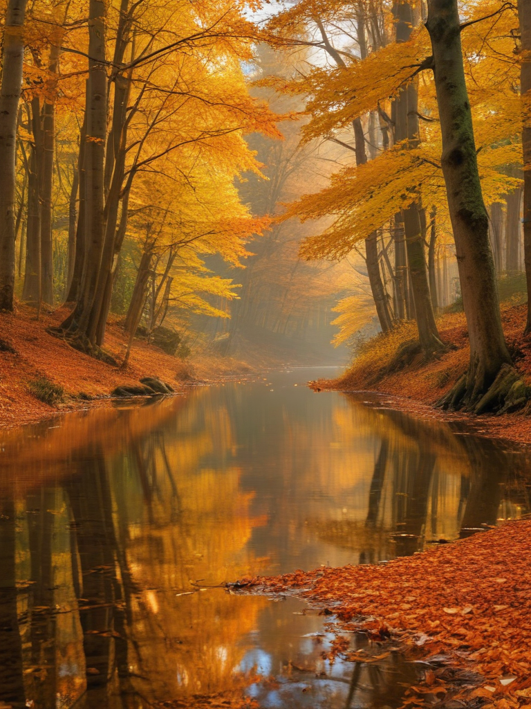Tranquil Autumn Landscape with Golden Leaves Reflecting on Still Water