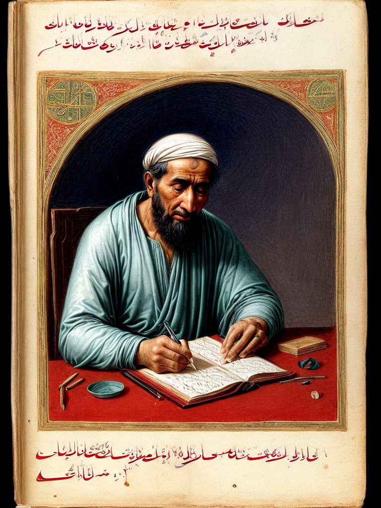 An ancient Muslim man writes in a manuscript using a quill pen