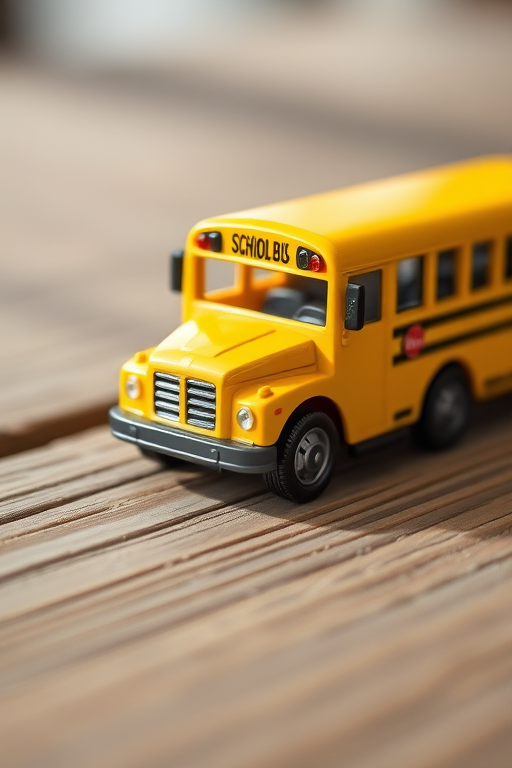 A detailed shot of a yellow school bus toy on a wooden surface ...