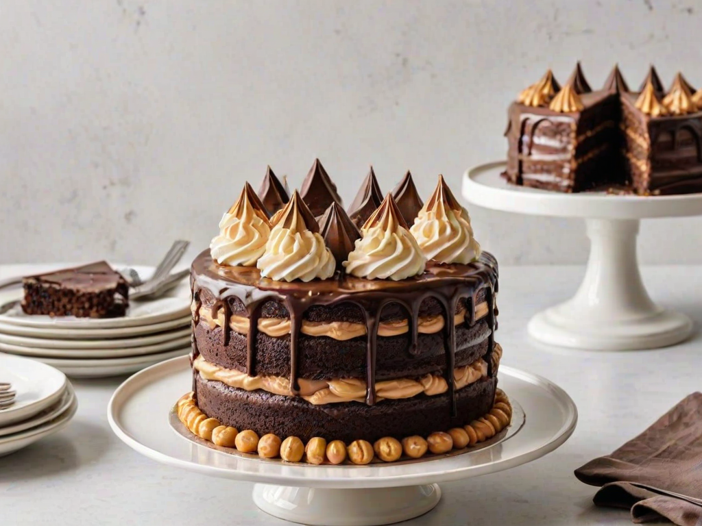 Decadent Chocolate Layer Cake with Creamy Frosting and Elegant Decorations.