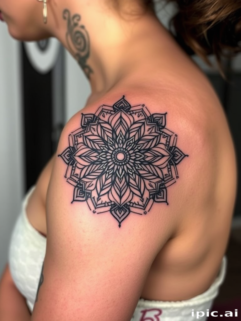 Geometric blackwork tattoo featuring an intricate mandala design on the shoulder blade, composed ...