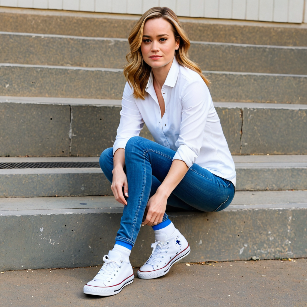 Mcu Brie Larson Carol Danvers Sitting in White Shirt, Blue Jeans, White ...