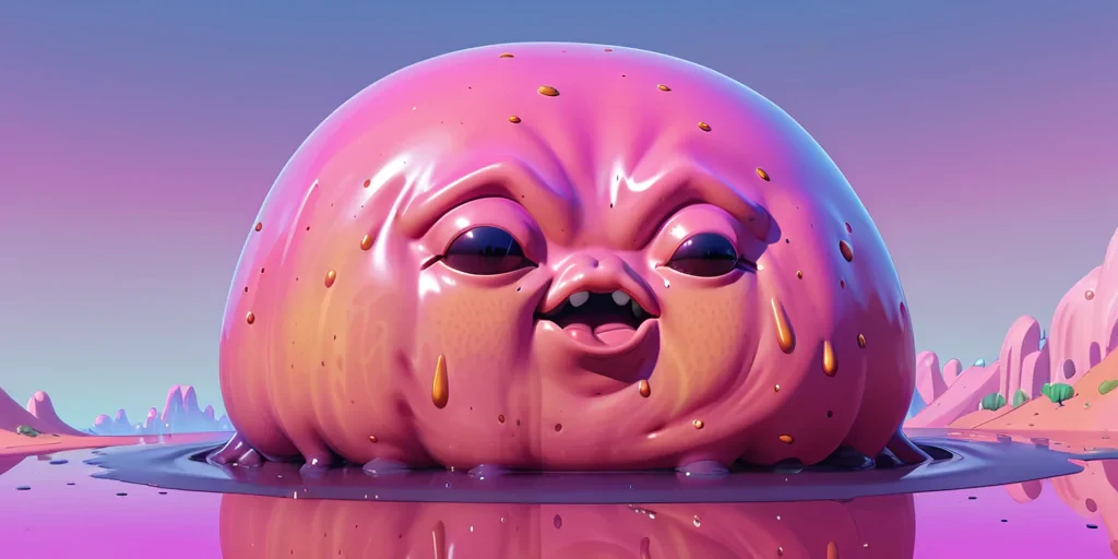 A Playful, Colorful Blob Character Melting in a Dreamy Landscape Setting.