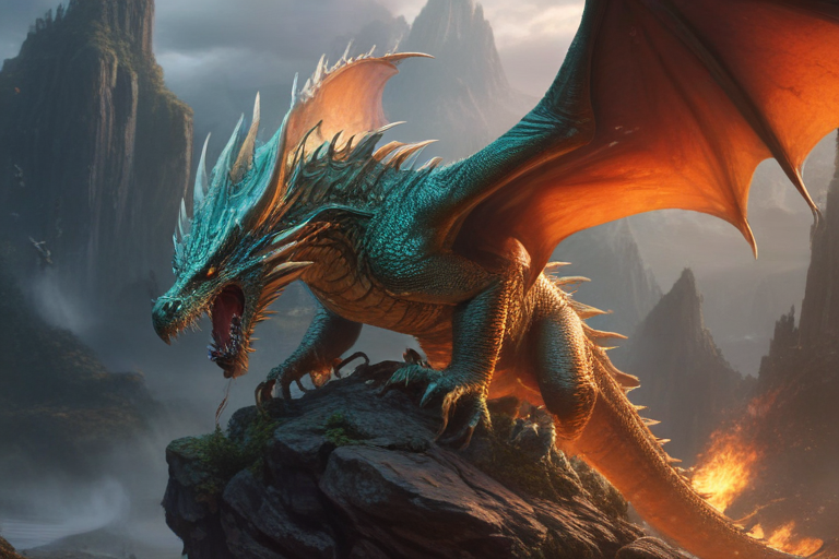 Majestic Dragon Perched on Rocky Mountain, Breathing Fire into the Sky