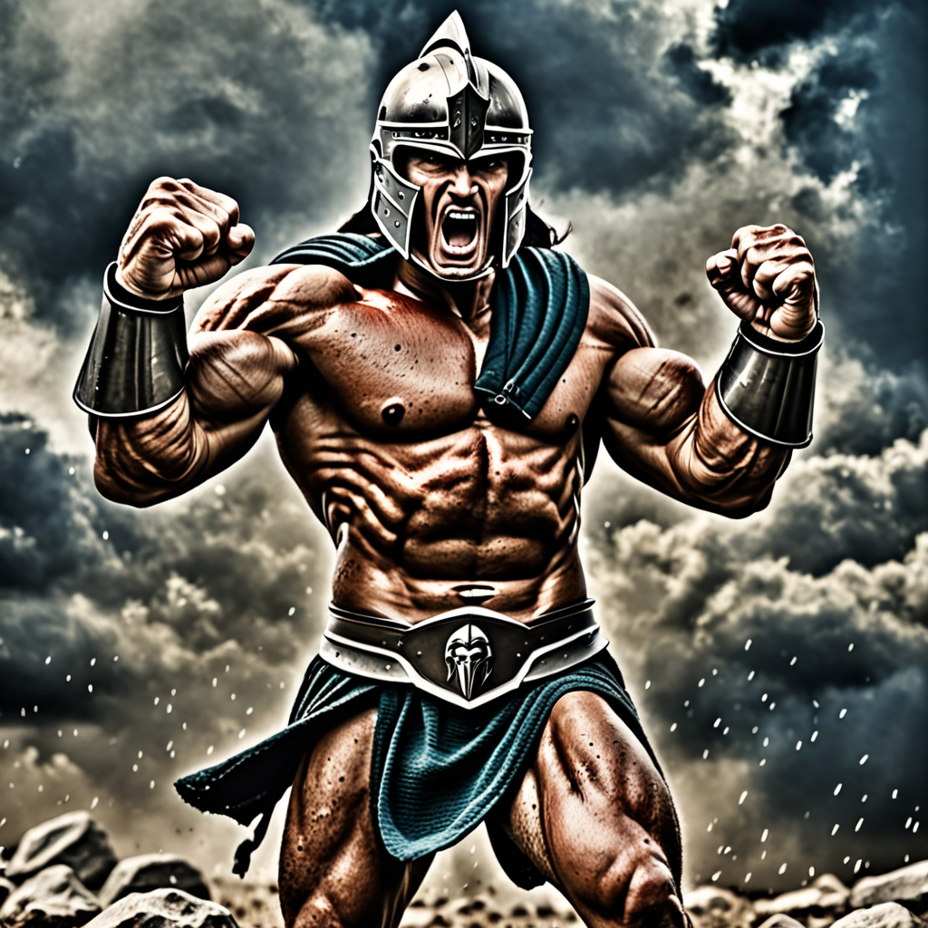 Realistic portrait of an angry Spartan warrior showing his fists