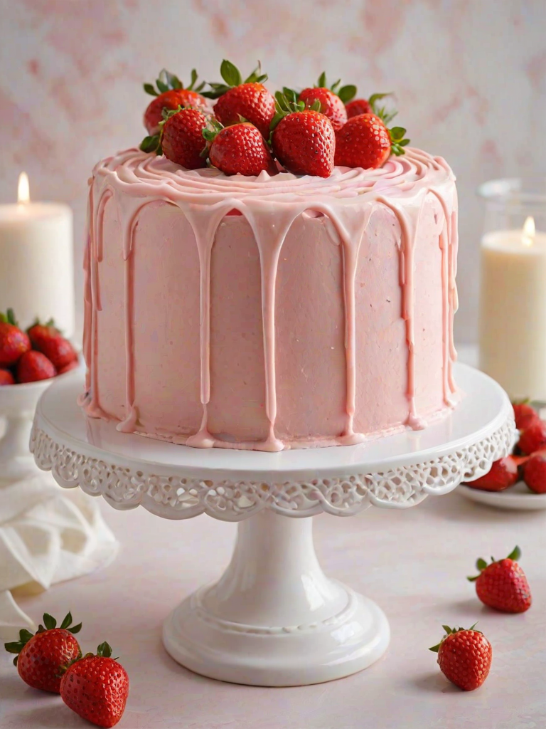 Delicious Pink Strawberry Cake Topped with Fresh Strawberries and Cream