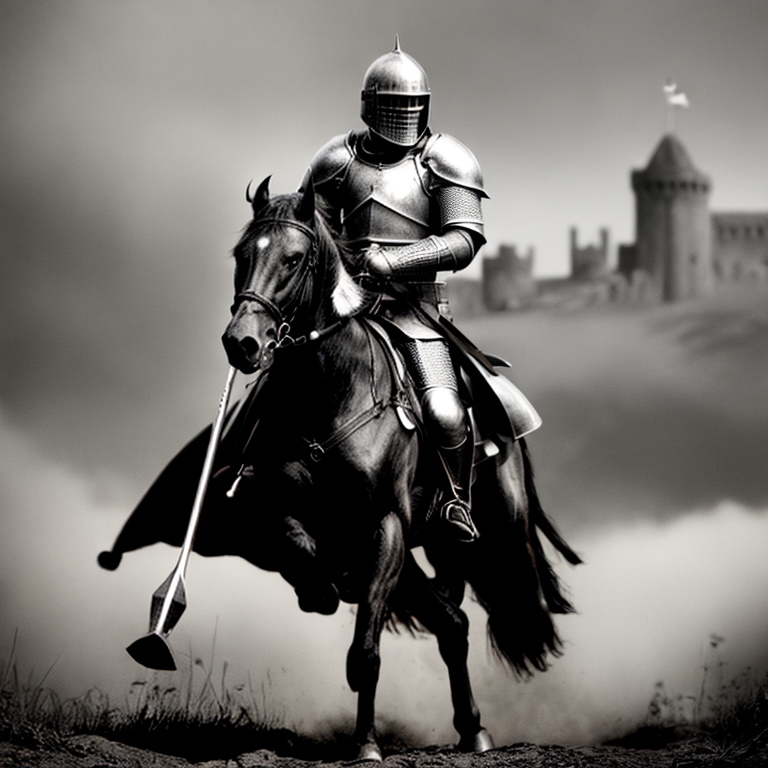 medieval knight force, realistic, grainy, black and white