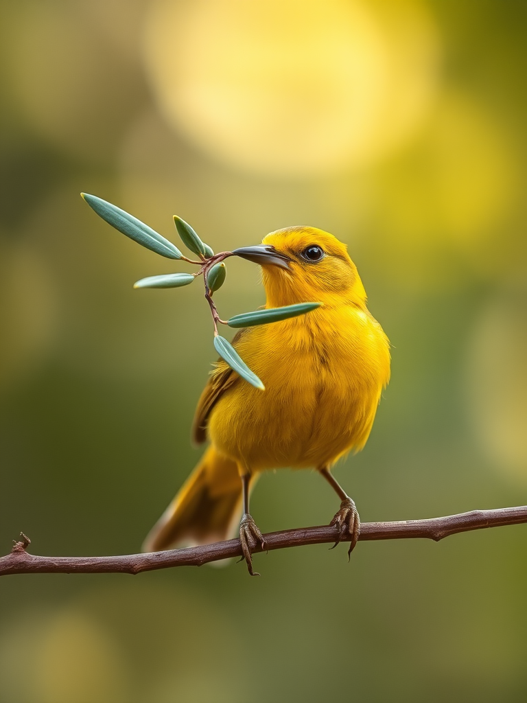 A Vibrant Yellow Bird Holding a Small Green Branch in Nature.
