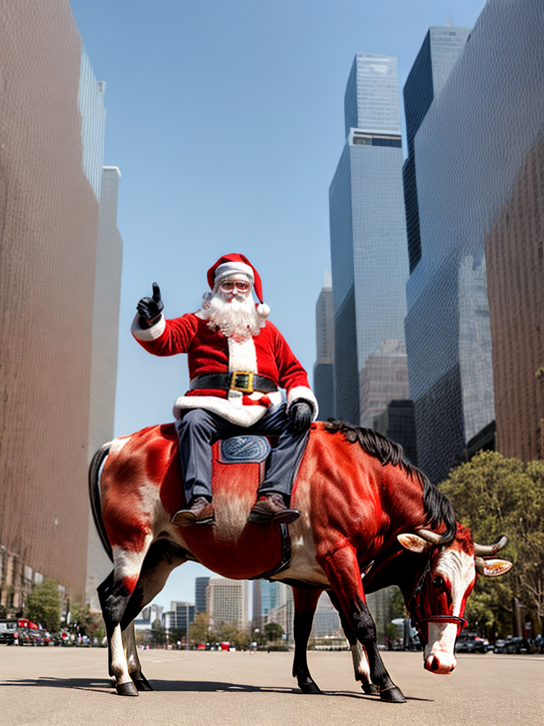 santa sitting on a cow in a big city