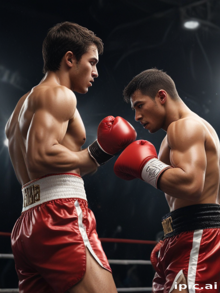 Two Young Boxers Face Off in a Competitive Boxing Match Ring