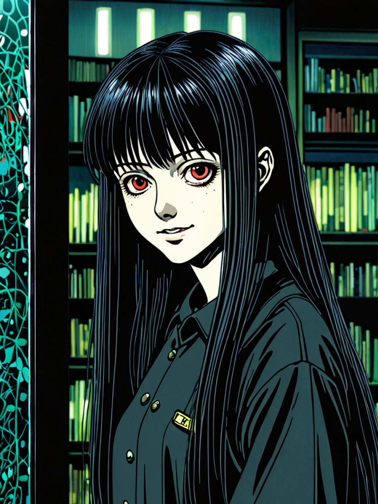 sci-fi, tomie, curtain bangs, cyberpunk, junji ito, lain, smile, dark