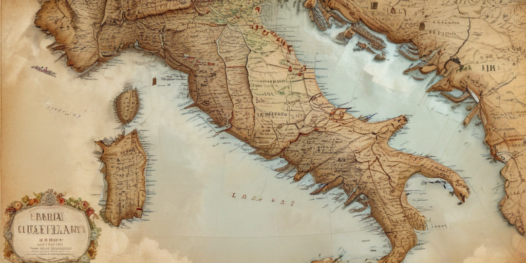 Historical Map of Italy Showing Regions, Cities, and Geographic Features