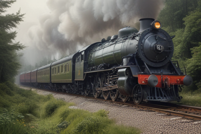 Majestic Vintage Steam Engine Chugging Through Lush Green Forest Landscape.