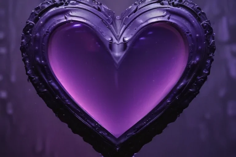 Beautiful Purple Heart Shape with Water Droplets on a Dark Background