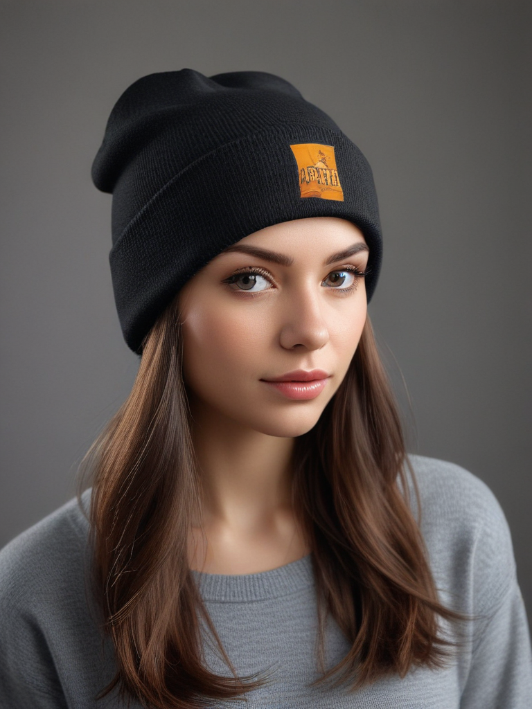 Portrait of a Young Woman Wearing a Stylish Black Beanie Hat