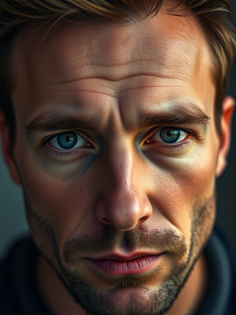 Create a detailed digital portrait of a man's eyes and forehead with ...