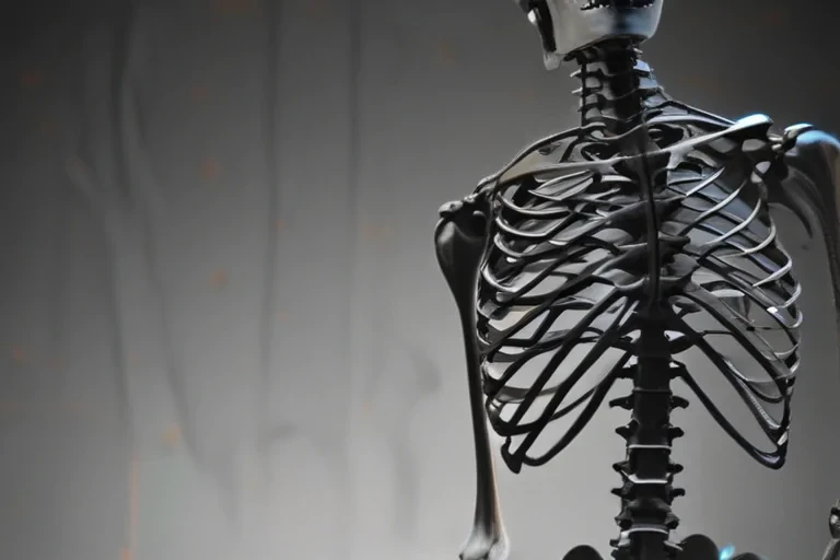Artistic Representation of a Human Skeleton Against a Dark Background