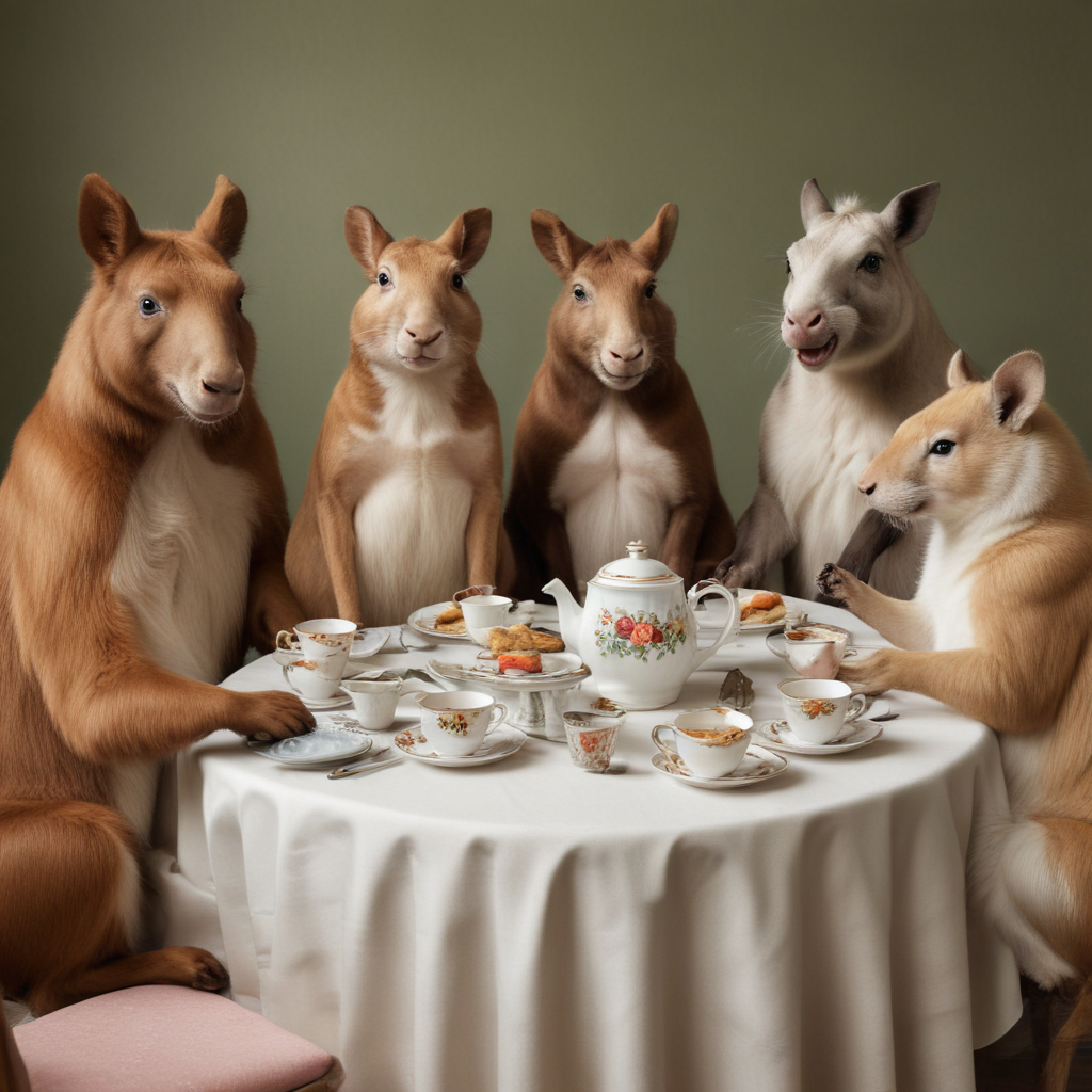 A group of animals sitting around a table, having a tea party. Show ...