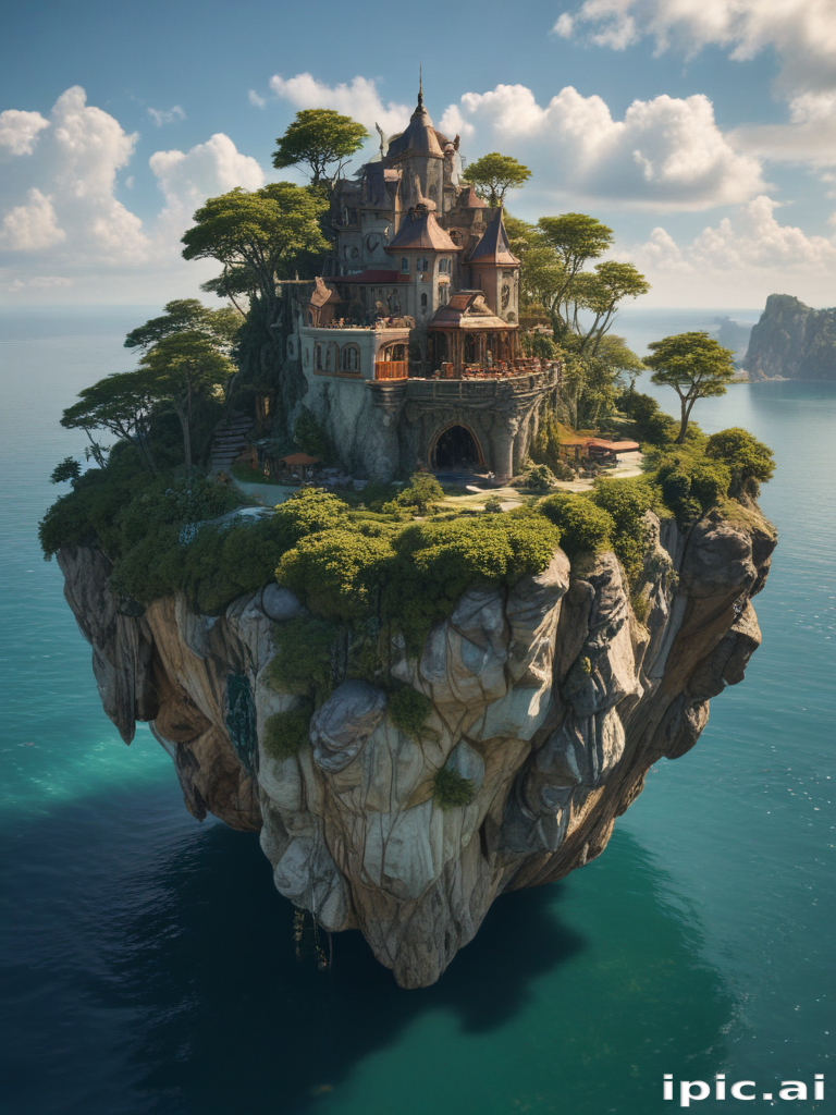 Whimsical Floating Castle Surrounded by Lush Greenery and Sparkling Waters