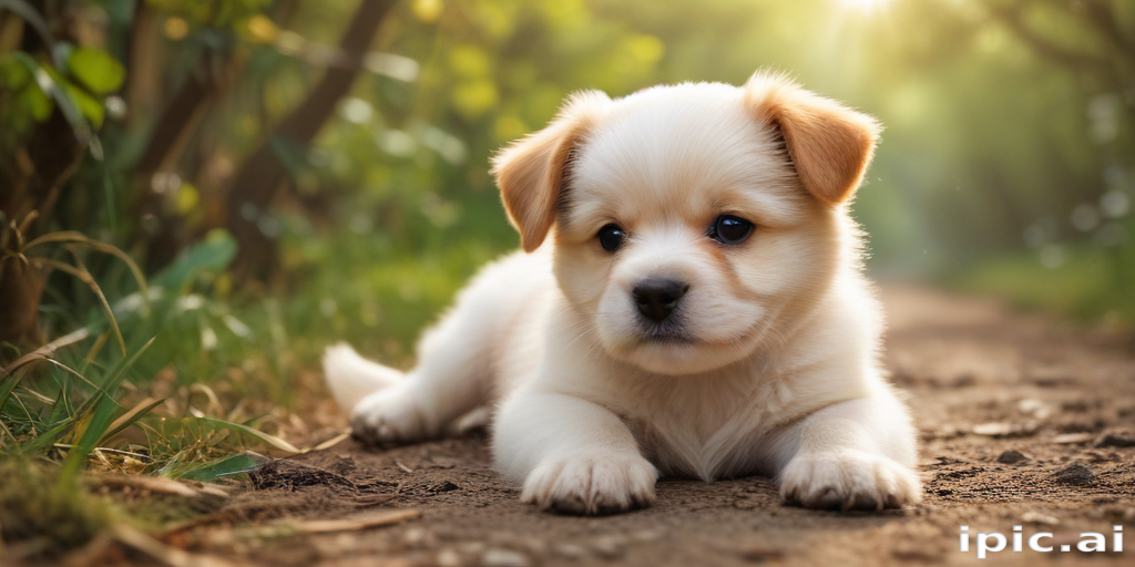 Adorable Puppy Relaxing on a Sunny Path Surrounded by Nature's Beauty.
