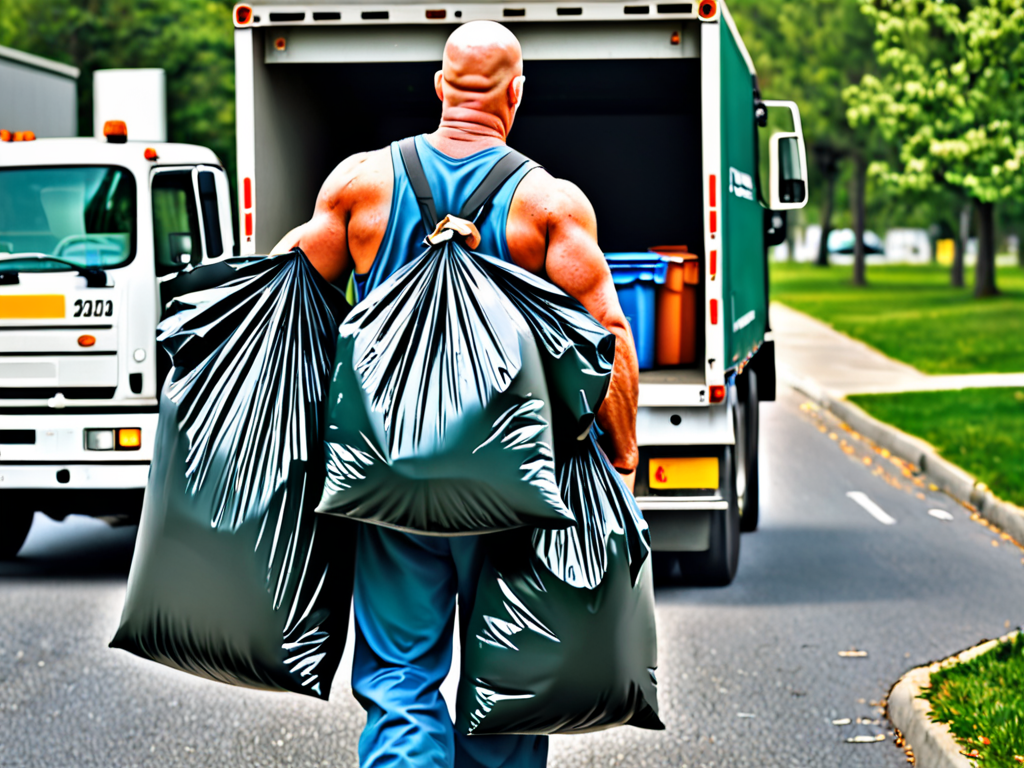 realistic handsome bald older muscular garbagemen from the back ...