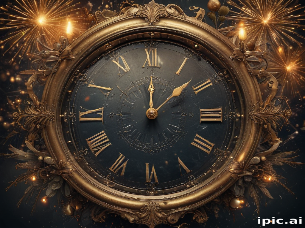 An Elegant Antique Clock Surrounded by Sparkling Fireworks Celebrating Time