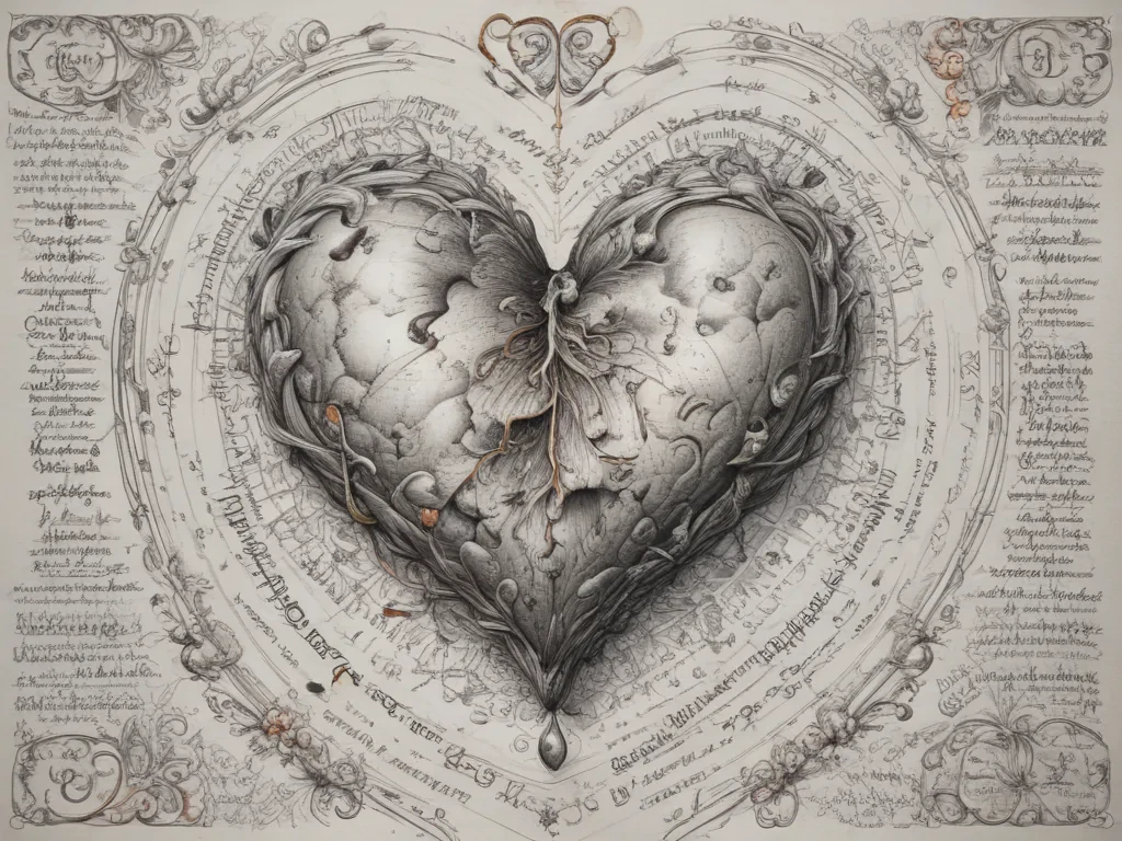 Intricate Heart Drawing Surrounded by Elegant Floral and Textual Designs
