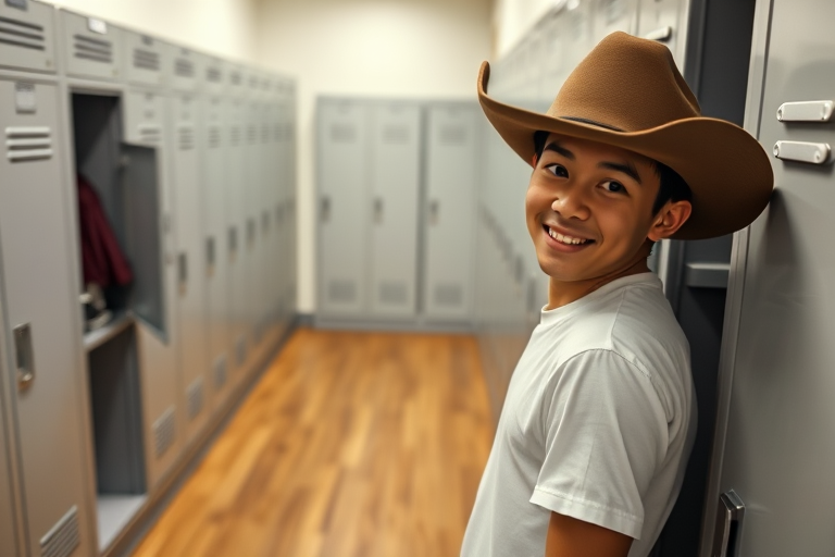 Smiling Young Man in a Cowboy Hat Inside a School Locker Room