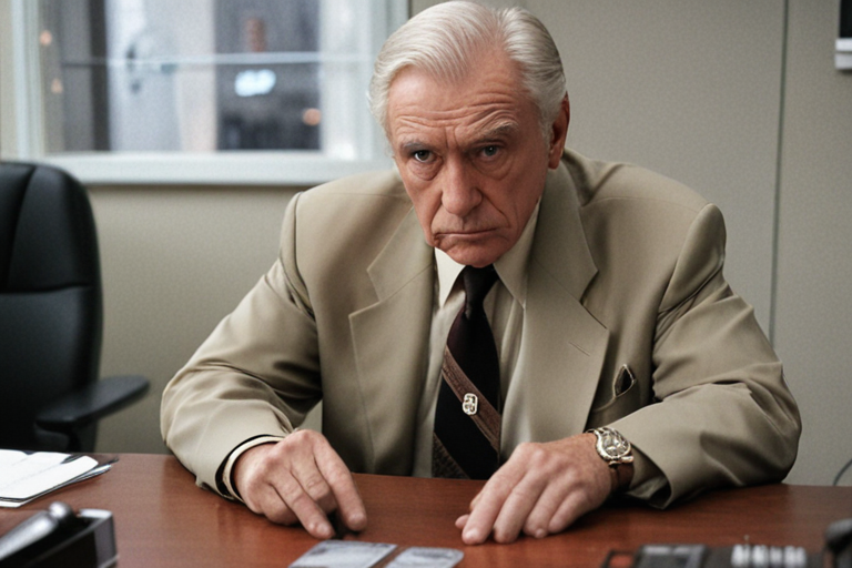 A grumpy elderly detective placing a futuristic gun and a futuristic ...