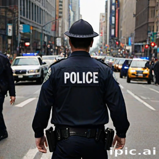 Police Officer Monitoring Traffic in a Busy Urban City Street Scene