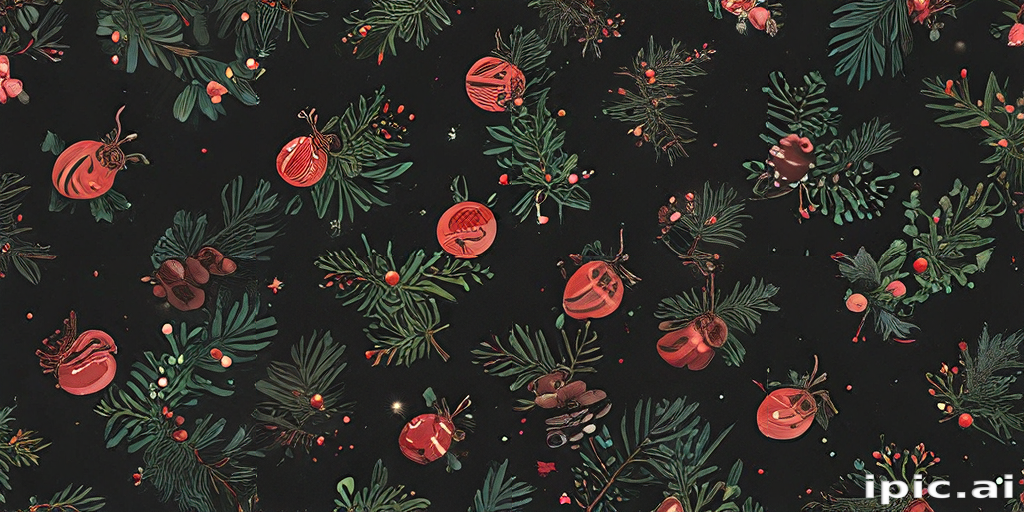 Festive Holiday Pattern Featuring Ornaments and Greenery on a Dark ...