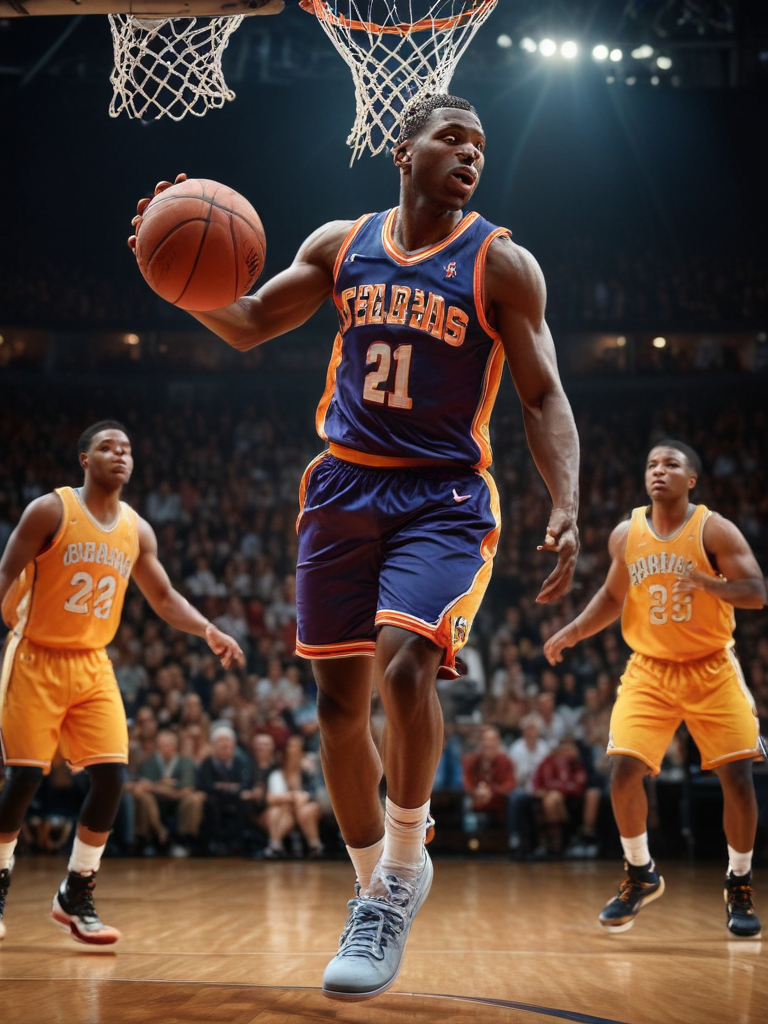 Exciting Basketball Game Moment: Player in Action with Teammates on Court