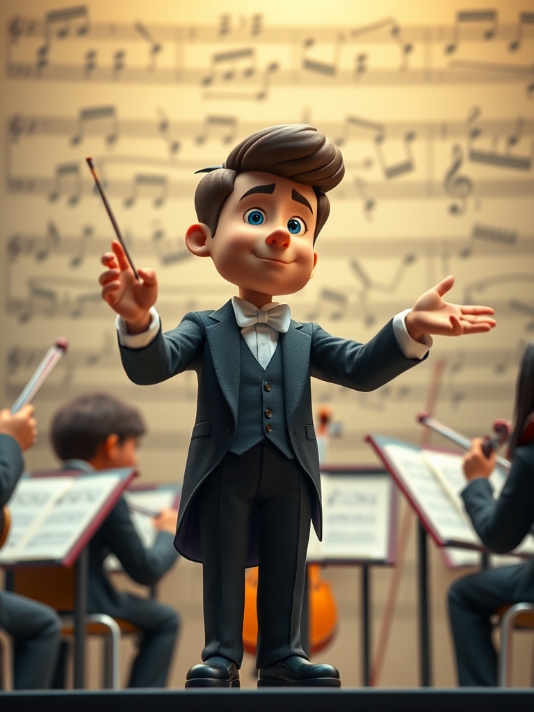 Create a vibrant animated character of a conductor leading an orchestra ...