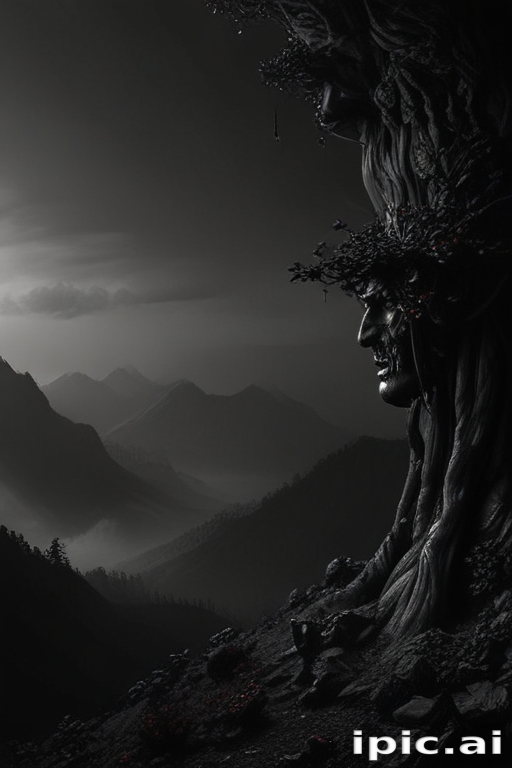 Majestic Monochrome Landscape Featuring a Tree with a Hidden Face
