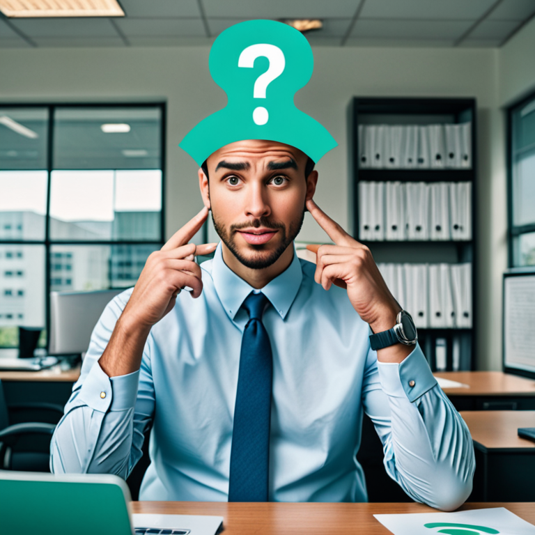 A blue-green cartoon themed with a question mark on top of his head ...