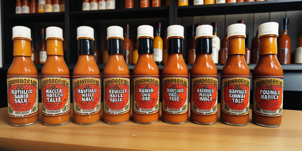 Variety of Colorful Hot Sauces Displayed on a Wooden Countertop