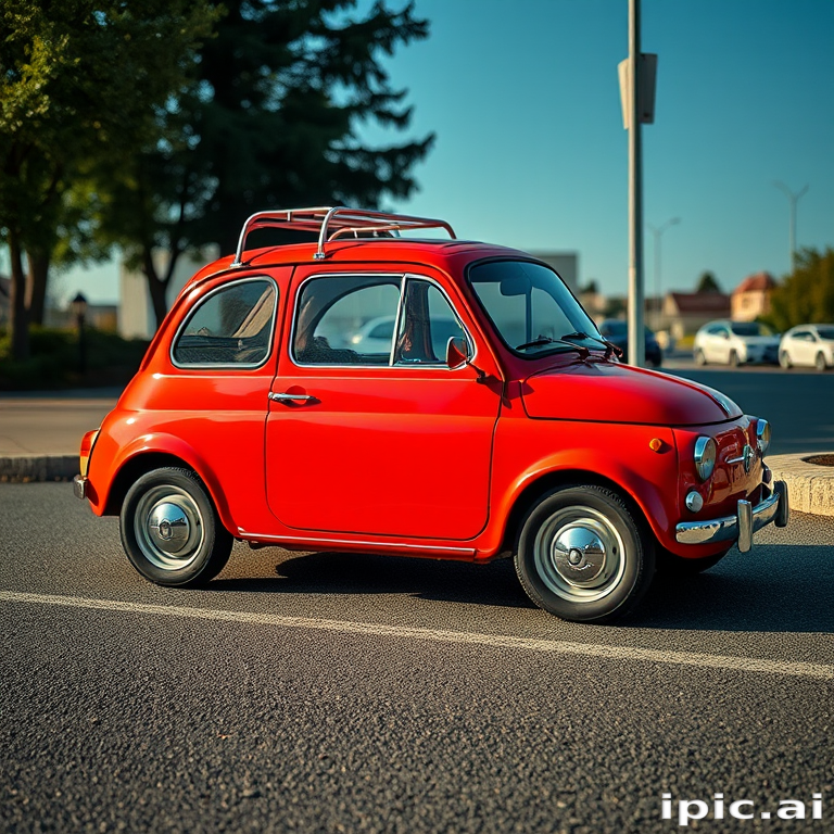 A Charming Vintage Red Car Parked on a Sunny City Street.