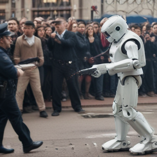 A robot cop beating a man with a baton while a crowd watches