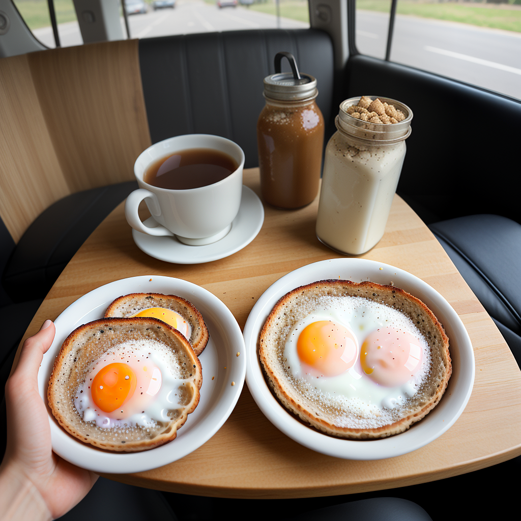 Delicious Breakfast in the Car: Eggs, Toast, Coffee, and Milkshakes
