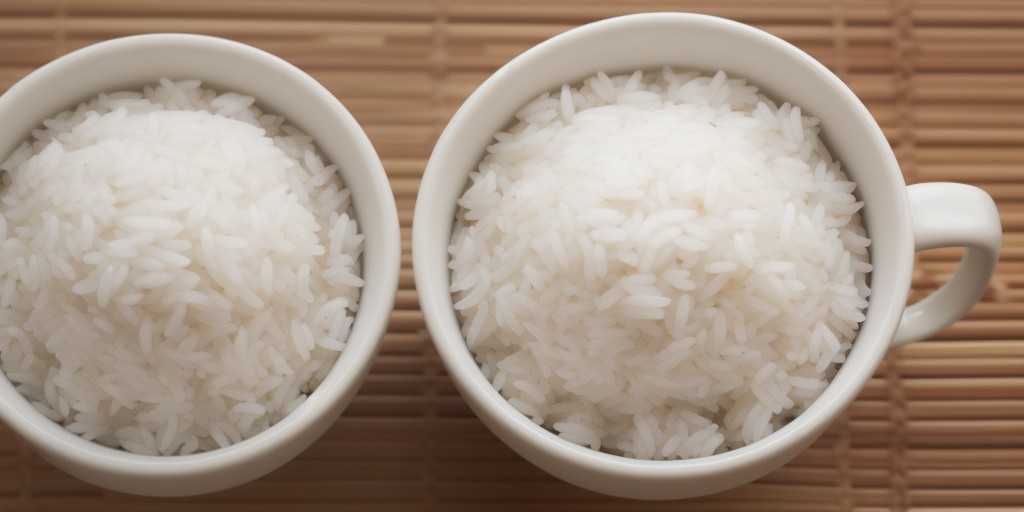Two White Bowls Filled with Fluffy Steamed Rice on a Bamboo Mat.