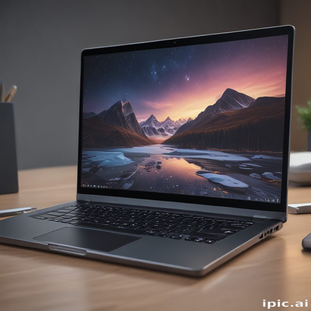 Modern Laptop Displaying Stunning Mountain Landscape on a Wooden Desk