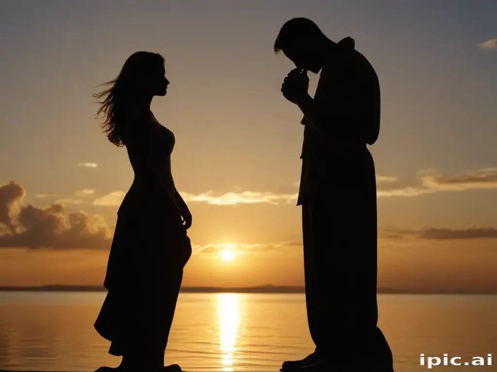 Silhouetted Couple in a Romantic Sunset Embracing Deep Emotions Together