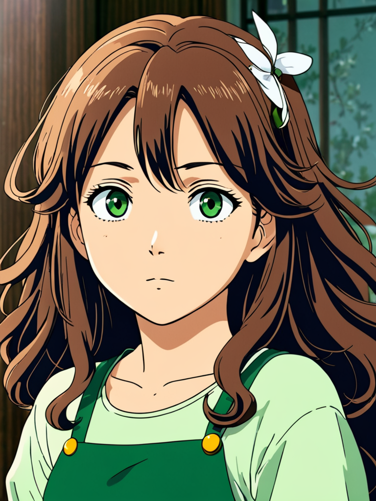 girl, manga, ghibli, cute, anime, long curly brown hair, dark green ...