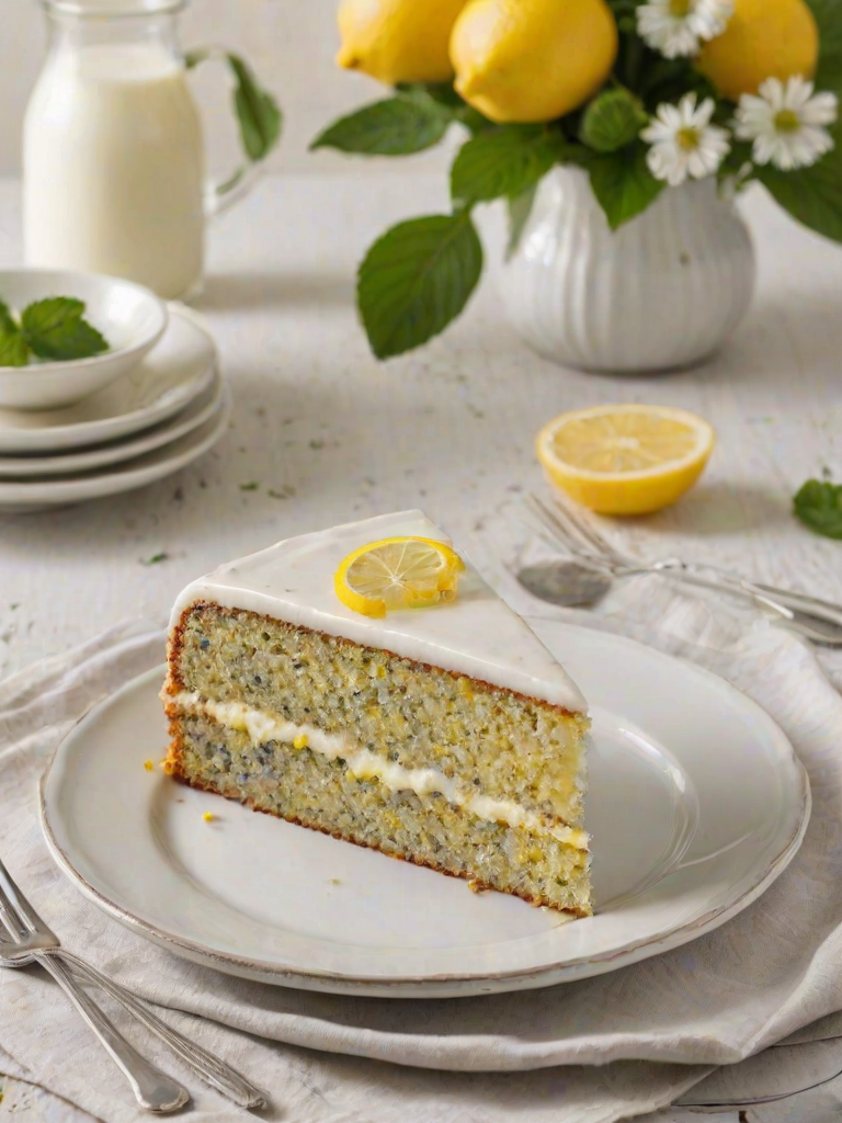 Delicious Lemon Cake Slice with Fresh Lemon and Mint Garnish on a Plate.