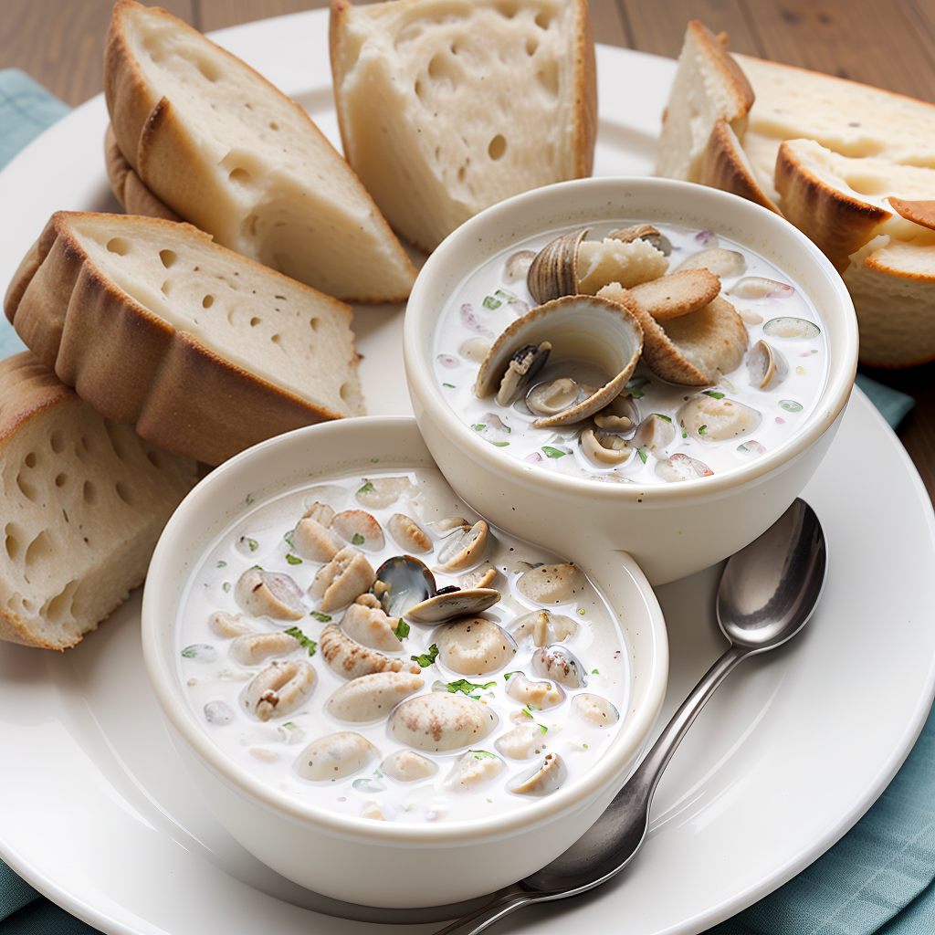 Delicious Clam Chowder Served with Freshly Baked Bread on the Side